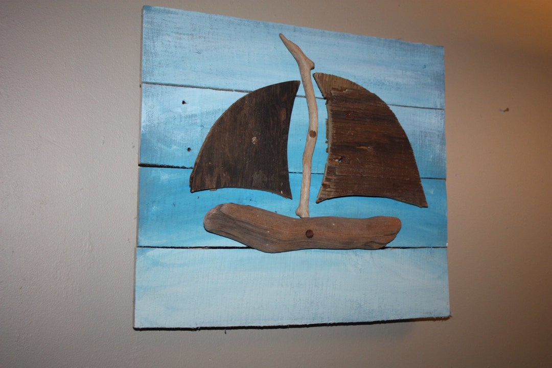 Handmade Driftwood Sailboat Wall Hanging, Beach Art, Home Decor ...