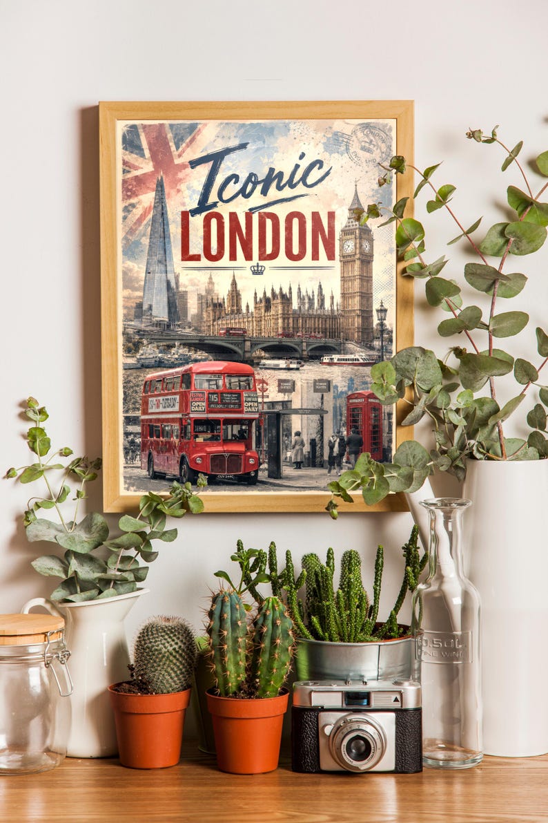 Iconic London Poster | Big Ben, Red Bus, British Landmarks Wall Art ...