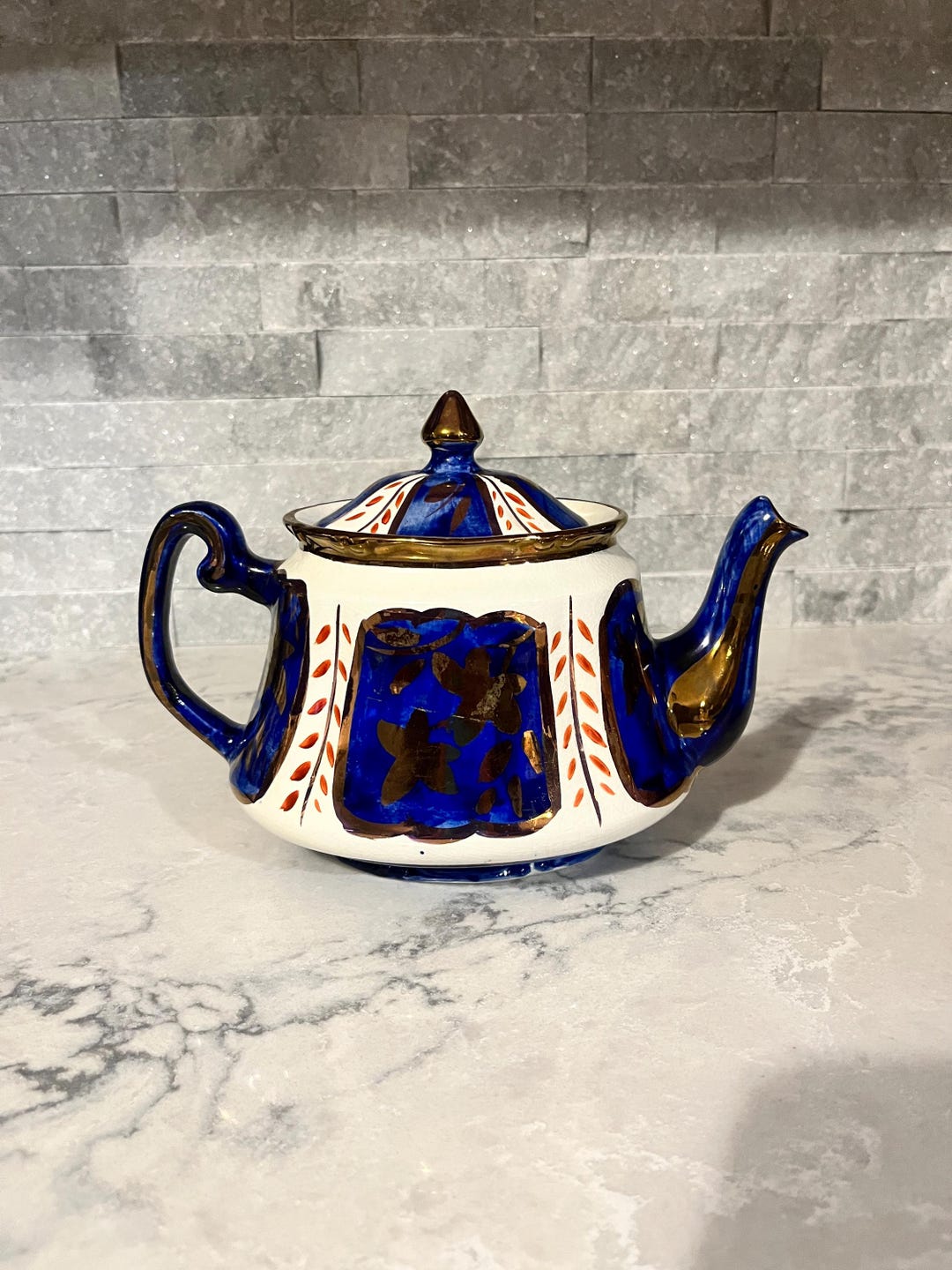 Ceramic Blue and Gold Red Flower Teapot - Etsy
