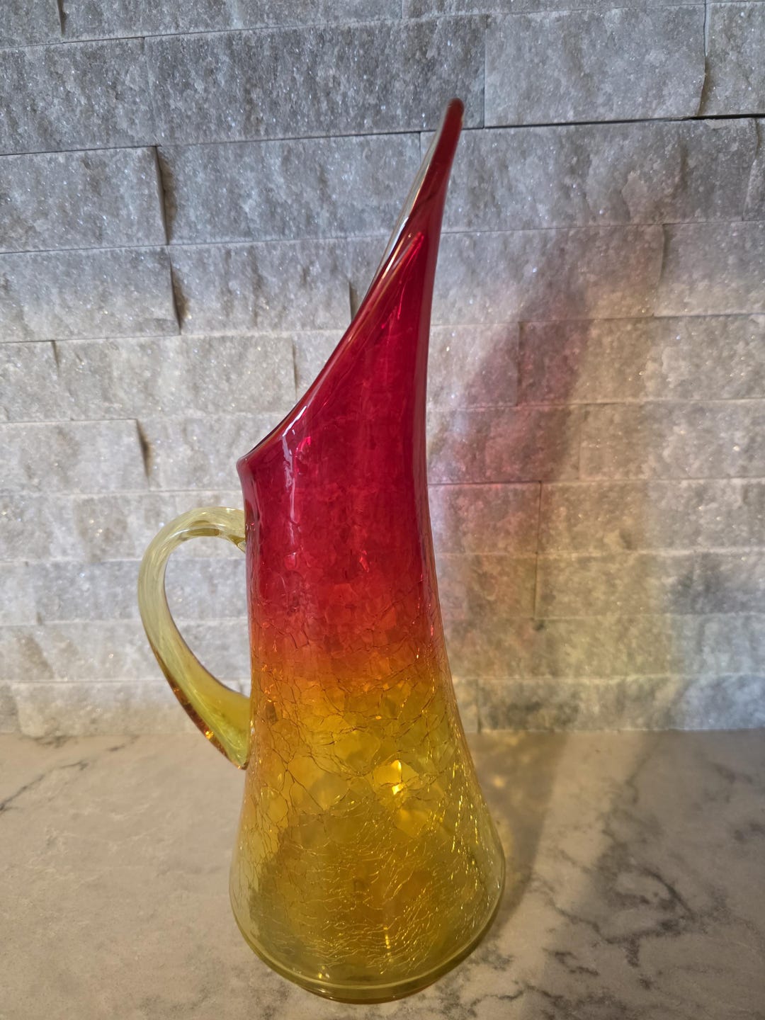 Kanawha Crackle Glass Pitcher Red, Orange, Yellow 12" Tall X 4" X 2 ...