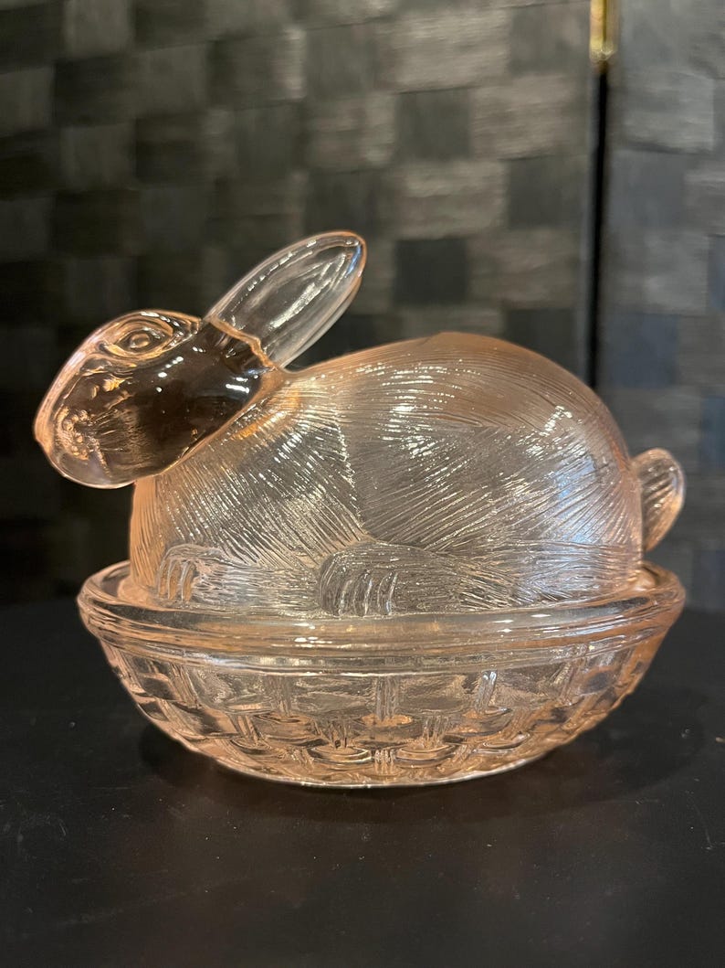 Pink Glass Bunny on Basket Trinket Dish - Etsy