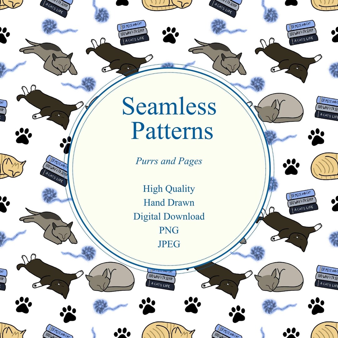 Sleeping Cat Seamless Pattern PNG, Cozy Book Lover Digital Paper - Etsy