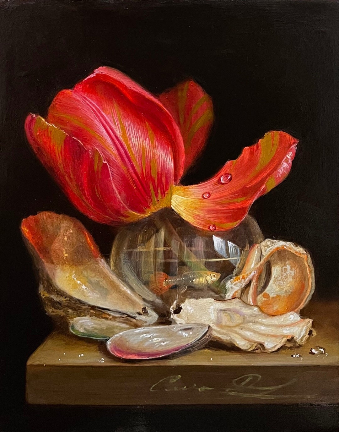 Original Oil Painting, Still Life With a Red Tulip, Fish and Shells ...