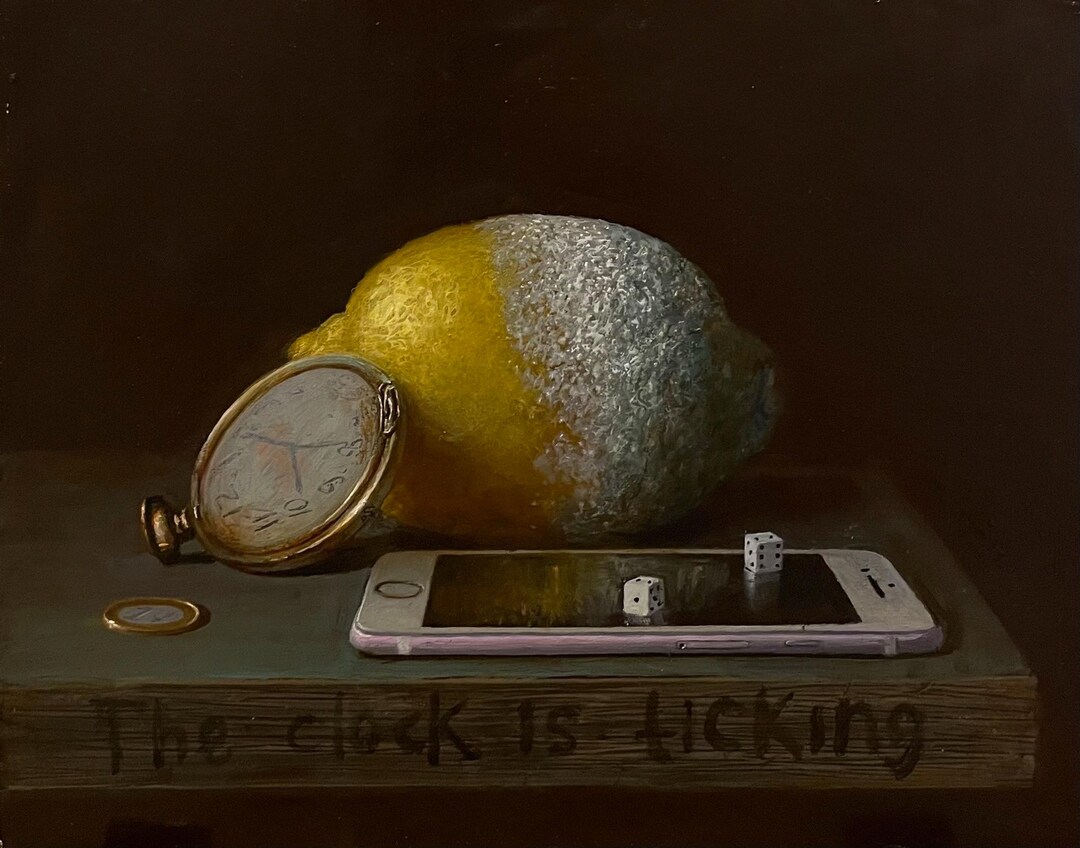 Original Oil Painting Still Life With Lemon Watch Dice Coin iPhone ...