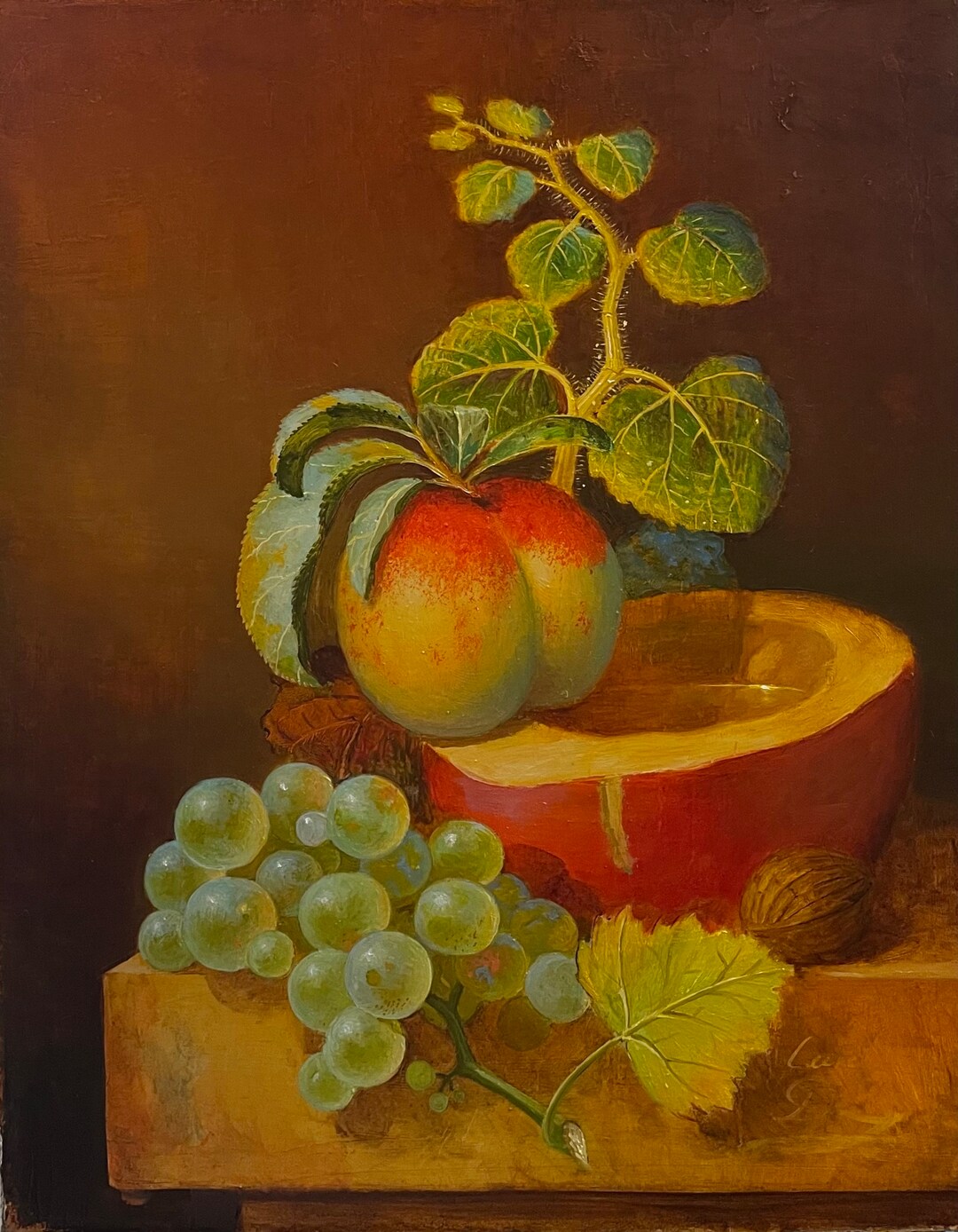 Original Oil Painting, Still Life With Pumpkin, Grapes and Peach ...