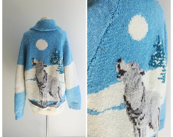Large Vintage Wolf Knit Cowichan Style Sweater Jacket Big Labowski Mens ...