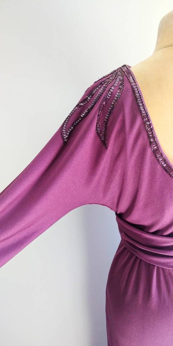 Small Vintage 1970s Slinky Maxi Dress Beaded Purple D… - Gem