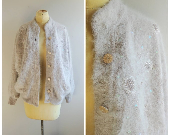 Small Vintage Fuzzy Grey Angora Womens Sweater Soft Knit Beaded ...