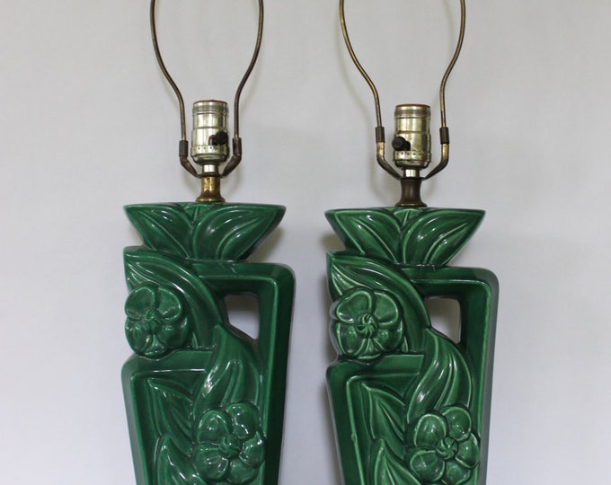 Pair of Green Mid Century Ceramic Lamps - Etsy