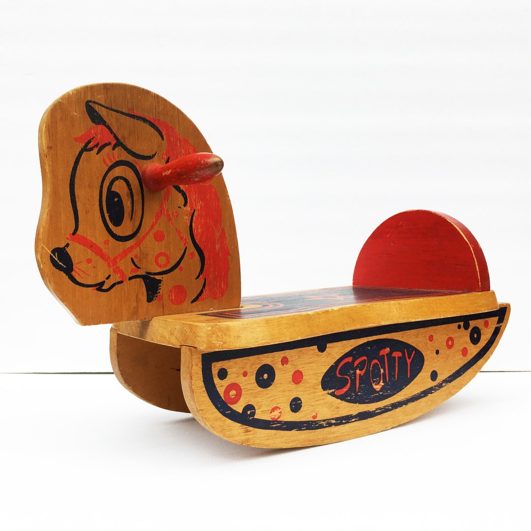 Vintage Spotty Wooden Rocking Horse Blue Red Retro Kids Toys Nursery ...
