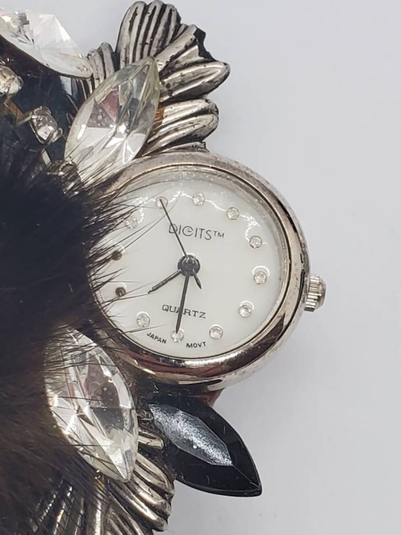 Bonetto 1980s Rhinestone and Fur Clock Brooch Bolo Tie Very Glamorous ...