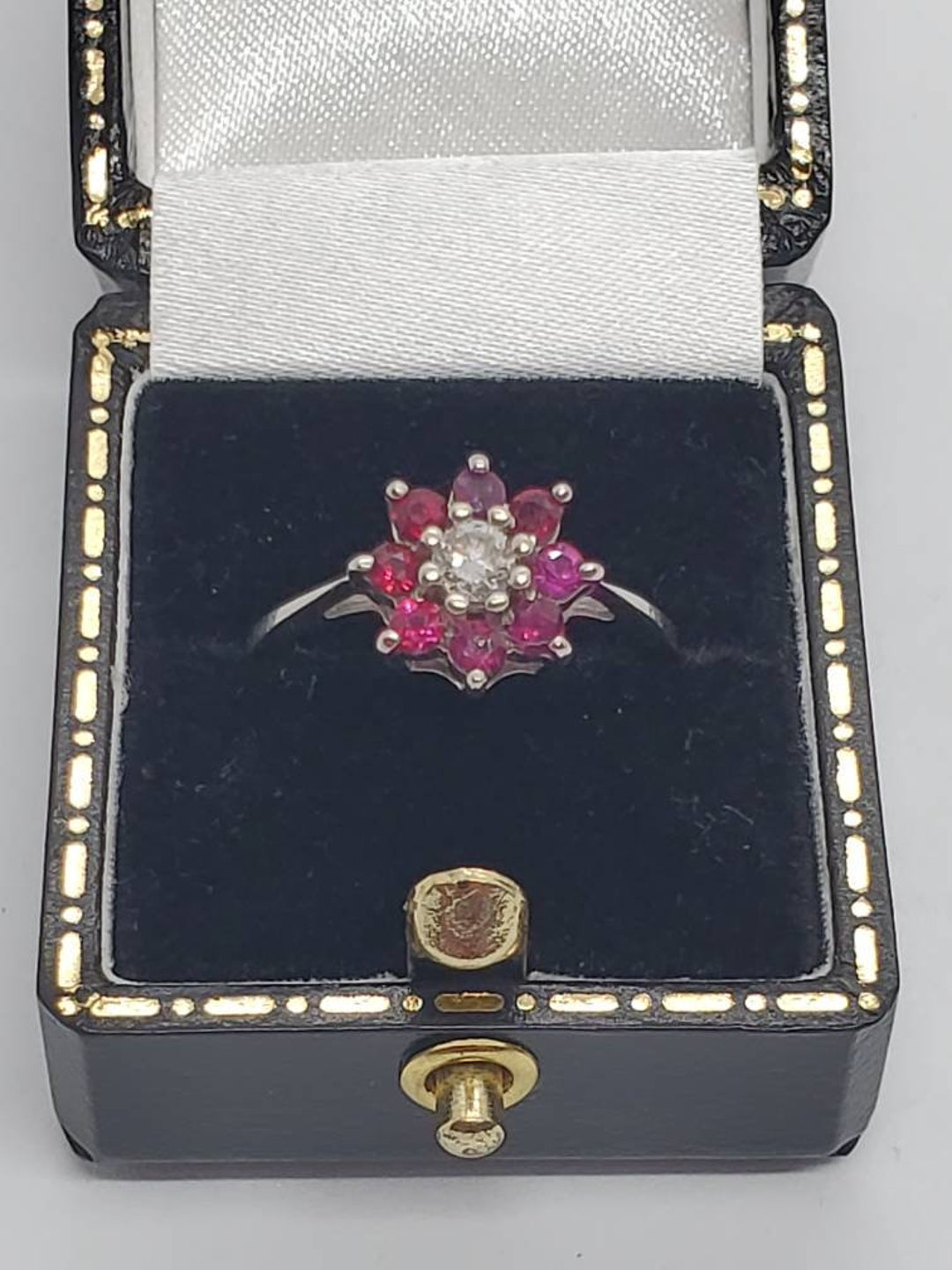 14 Karat White Gold Diamond and Ruby Tulip Ring by Tribute Size 7 Circa ...