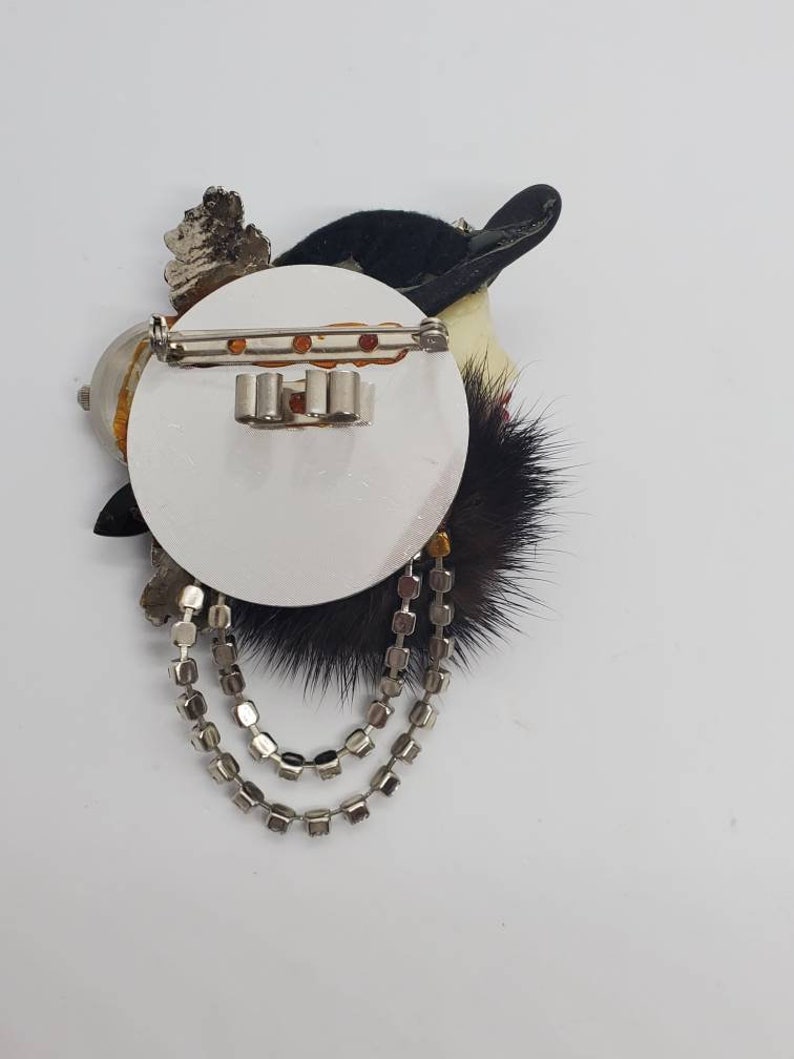 Bonetto 1980s Rhinestone and Fur Clock Brooch Bolo Tie Very Glamorous ...