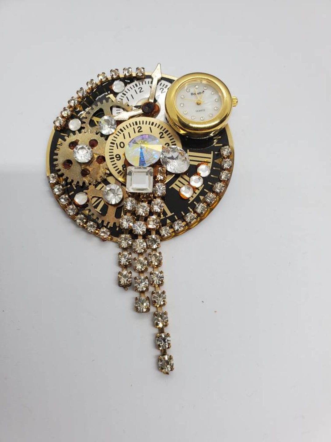 Bonetto 1980s Clock Rhinestone Brooch in Original Box New Old ...