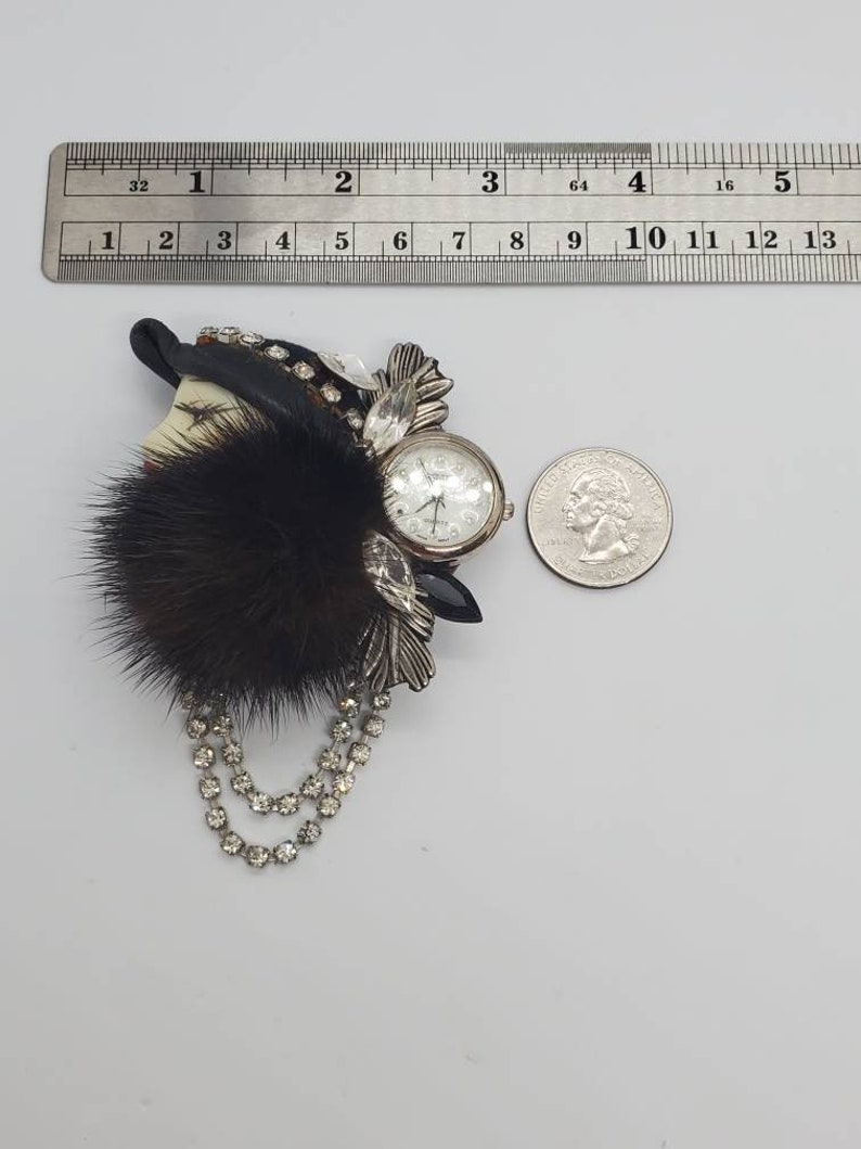 Bonetto 1980s Rhinestone and Fur Clock Brooch Bolo Tie Very Glamorous ...