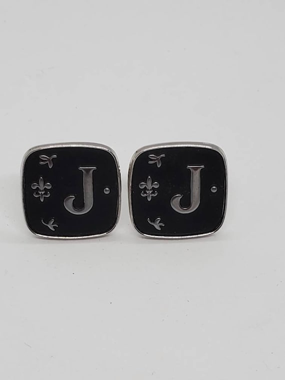 Letter J Mid Century Modern Black Silver Tone Cufflin… - Gem