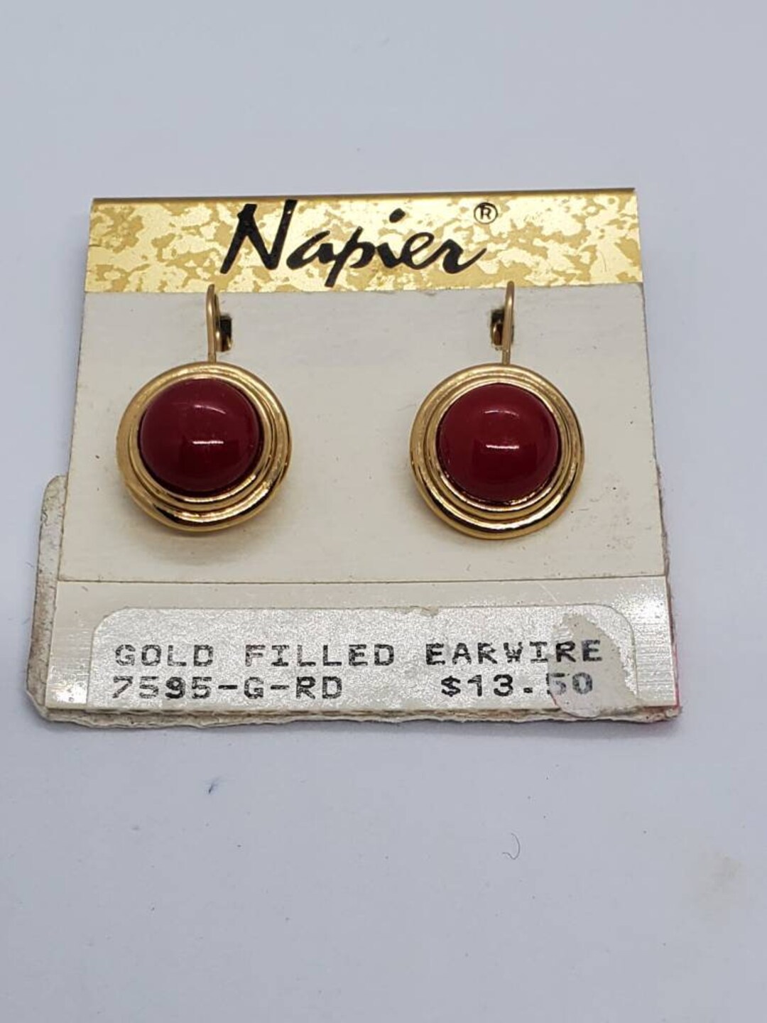 Napier 1990s Gold Tone and Red Enamel Gold Filled French Hoop Earrings ...