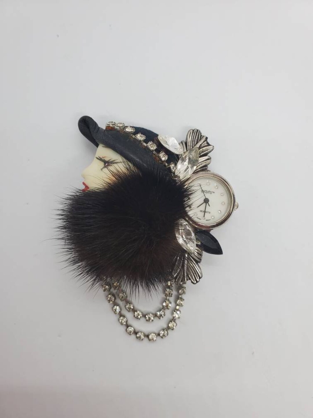Bonetto 1980s Rhinestone and Fur Clock Brooch Bolo Tie Very Glamorous ...
