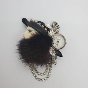 Bonetto 1980s Rhinestone and Fur Clock Brooch Bolo Tie Very Glamorous ...
