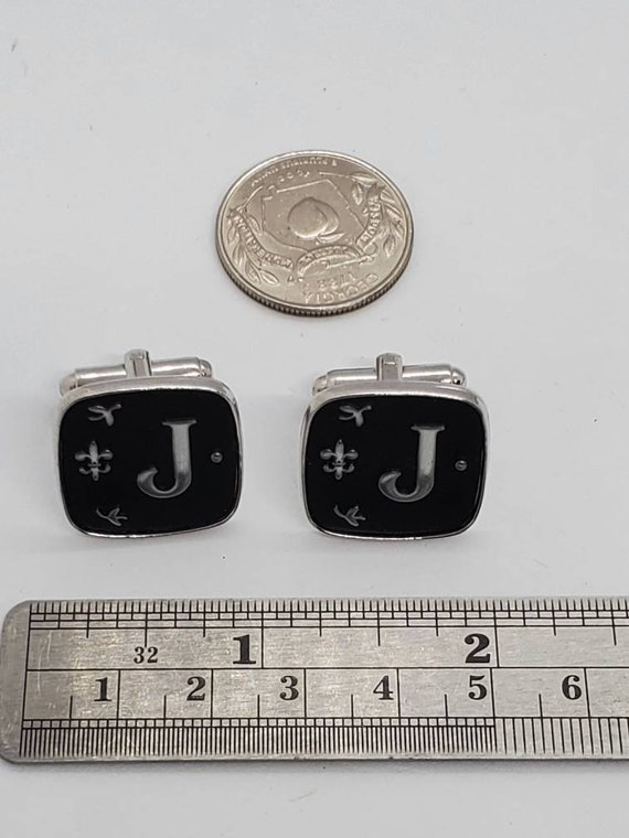 Letter J Mid Century Modern Black Silver Tone Cufflin… - Gem