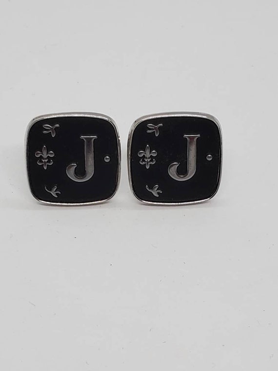 Letter J Mid Century Modern Black Silver Tone Cufflin… - Gem