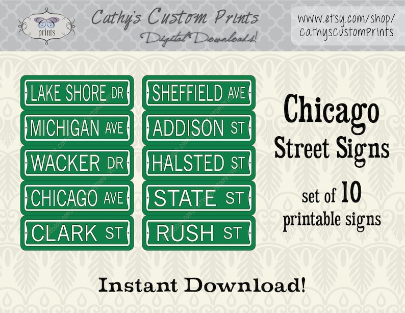 10 Chicago Printable Signs, Set of 10, Printable Michigan Ave Signs ...