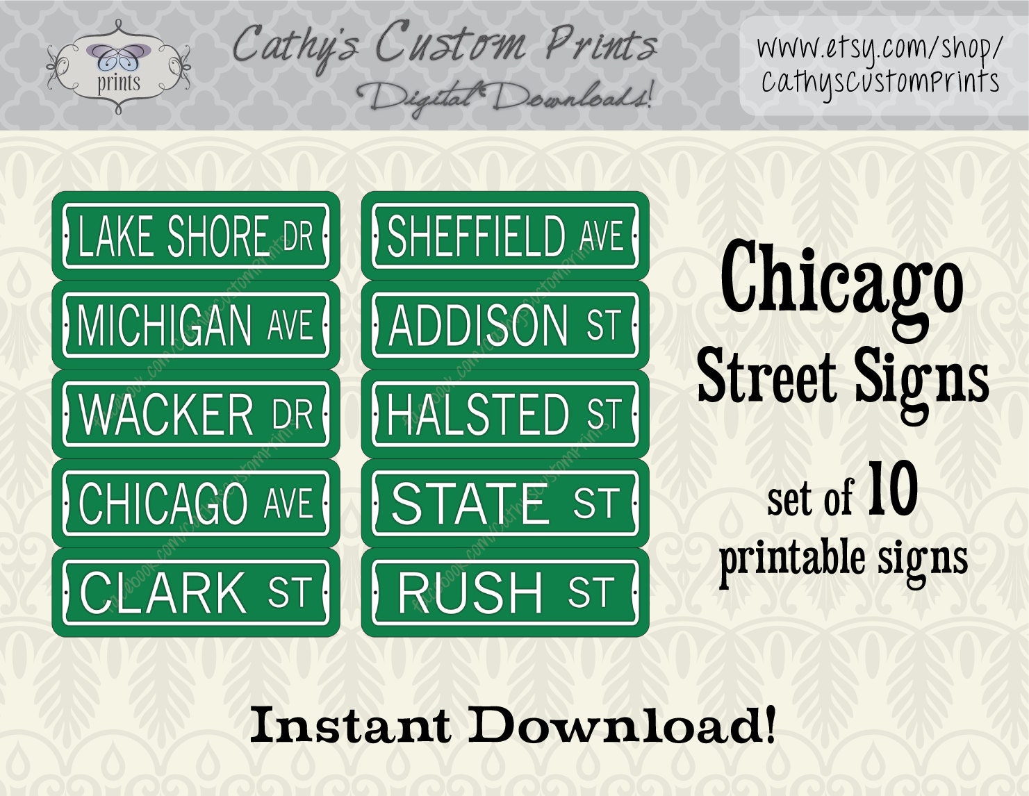 10 Chicago Printable Signs, Set of 10, Printable Michigan Ave Signs ...
