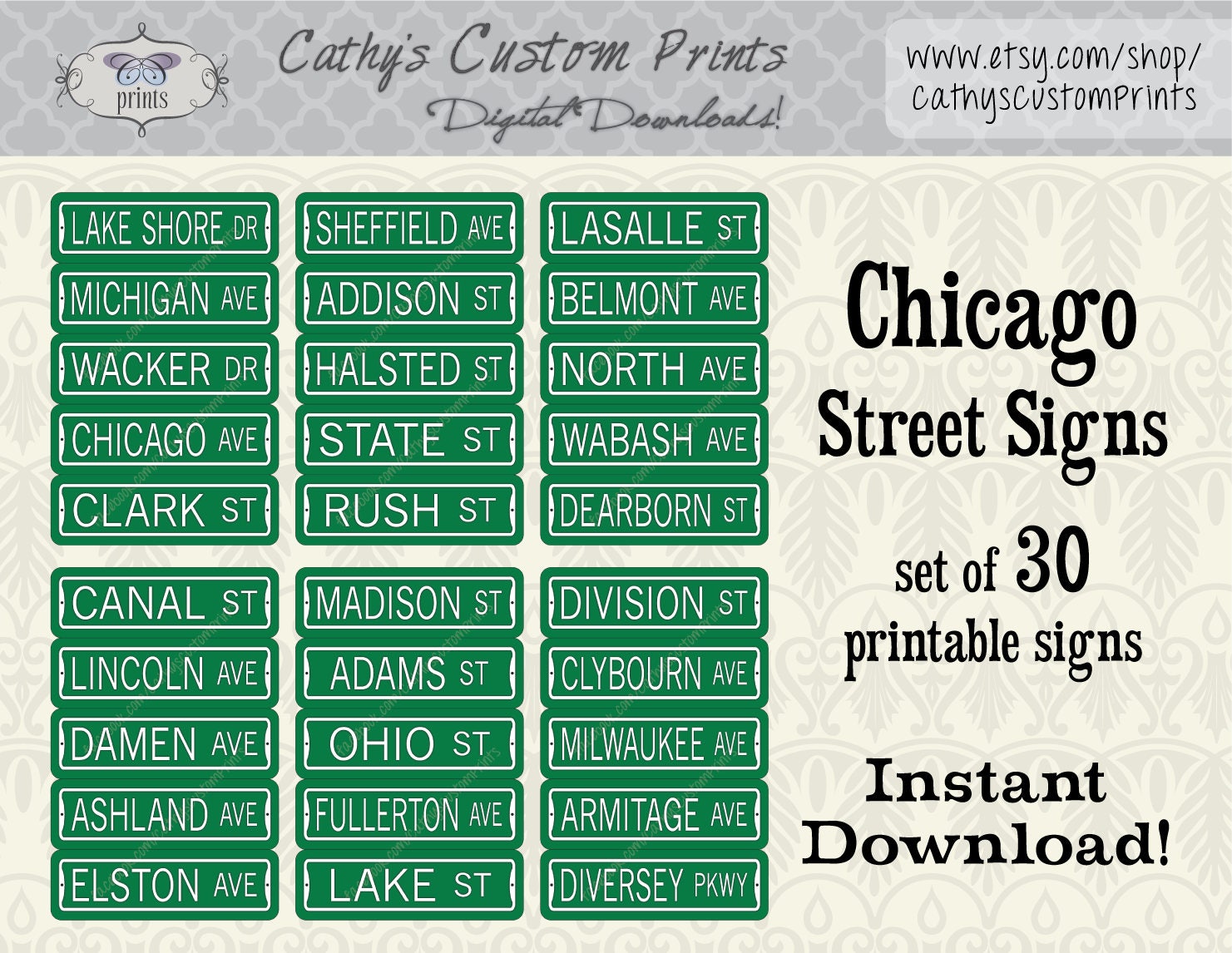 30 Chicago Printable Signs, Set of 30, Printable Michigan Ave Signs ...
