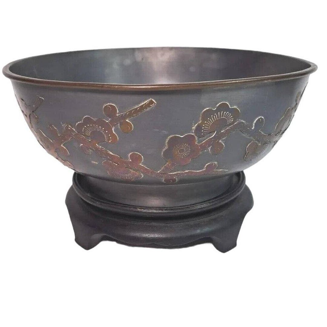 Vintage Chinese Artisan Pewter Bowl Brass Blossoms Hand Hammered in Hong Kong - Etsy