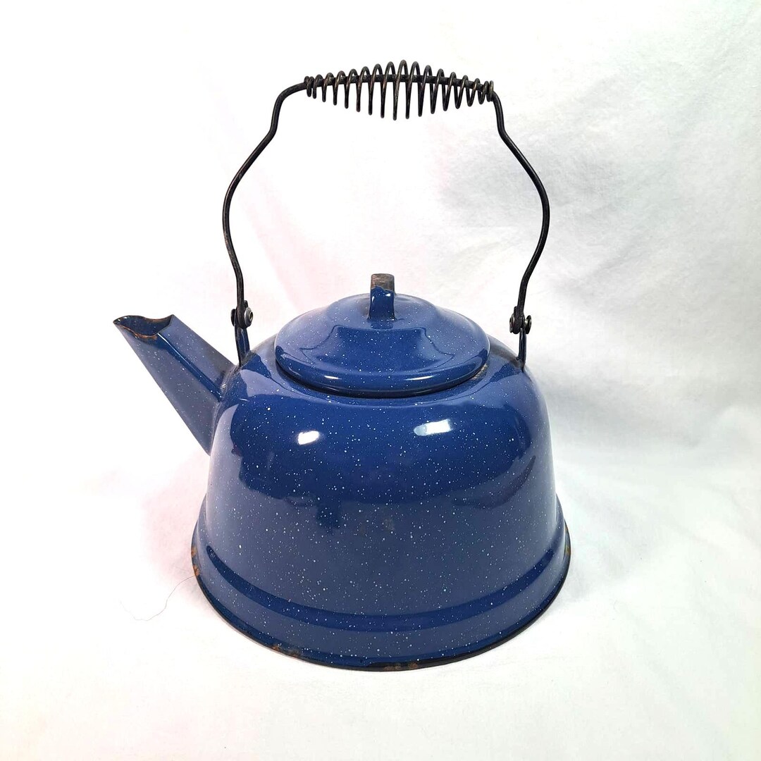 Vintage Blue Speckled Enamel Camping Kettle Rustic Cabin Flower Pot ...