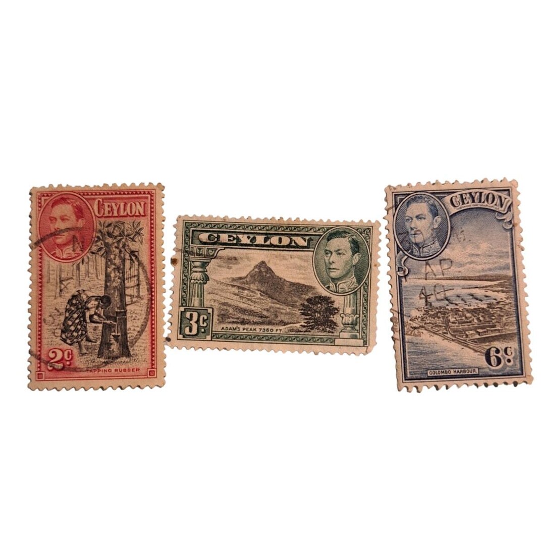 Vintage Ceylon King George VI Postage Stamps 2c 3c 6c 1935-38 Red Green ...