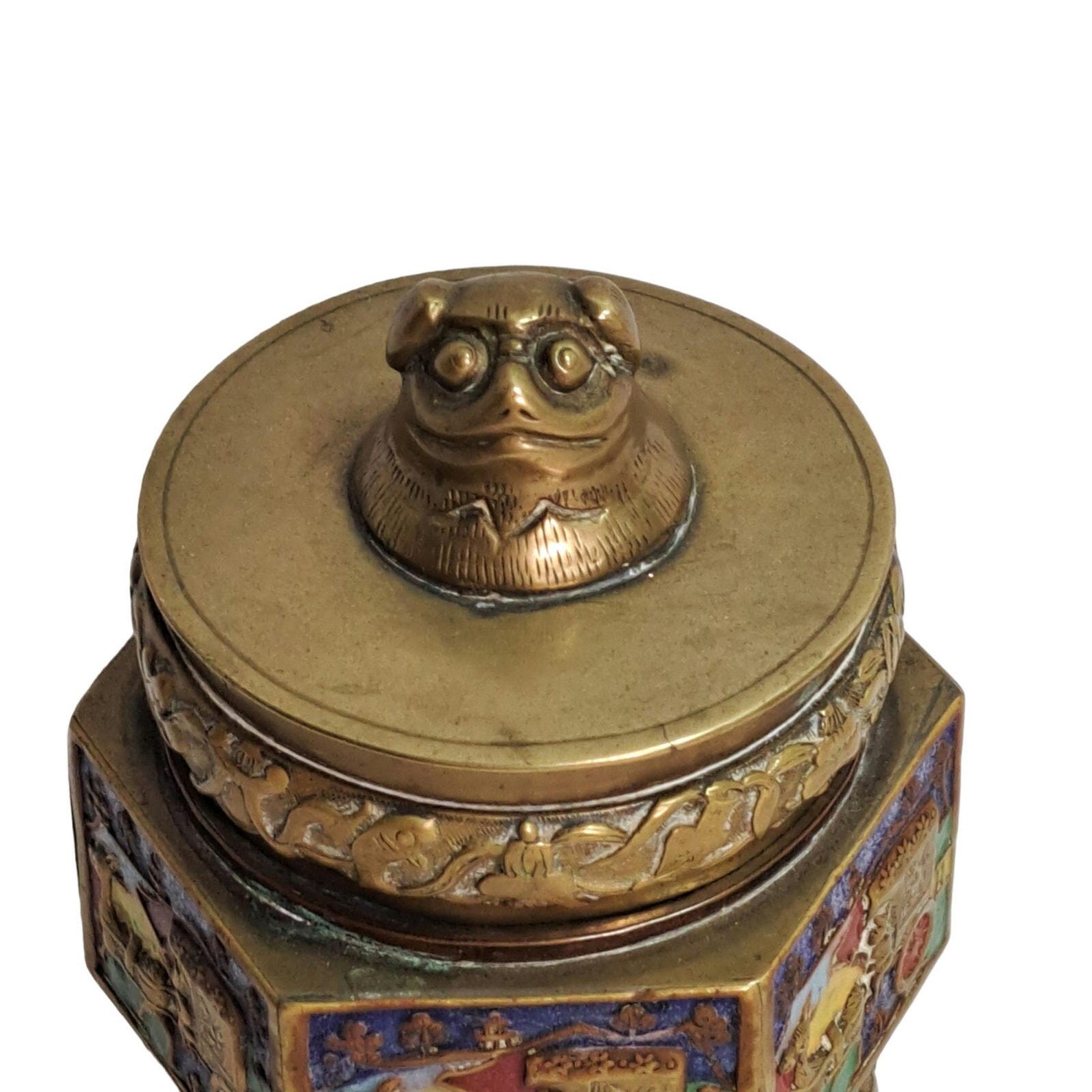 Vintage Antique Chinese Tea Caddy Box Pug Finial Hexagonal Brass and ...