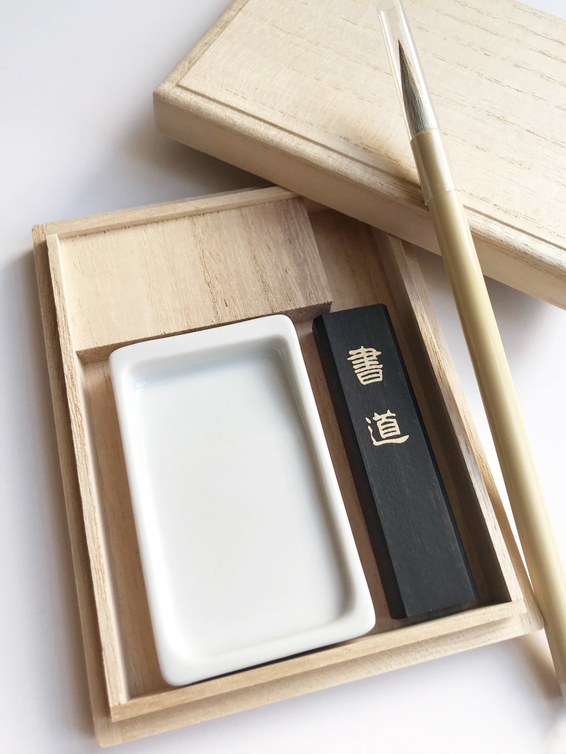 Japanese Calligraphy Set - Brush, Ink Stick & Ink Stone With Wooden ...