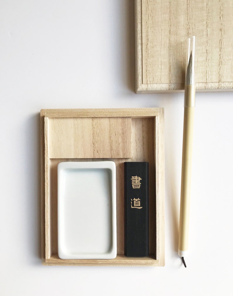 Japanese Calligraphy Set - Brush, Ink Stick & Ink Stone With Wooden ...