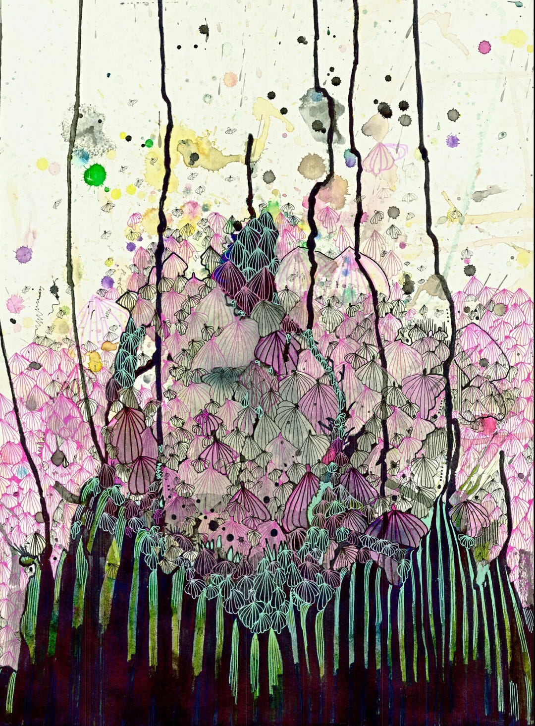 Meraki - Abstract Pink and Green Drawing – 18"x24" Original Pen & Ink ...