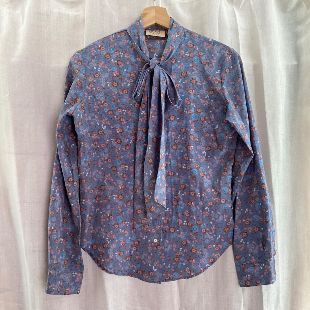 Vintage Stuart Lang Floral Tie Neck Blouse Womens Top Long Sleeve ...