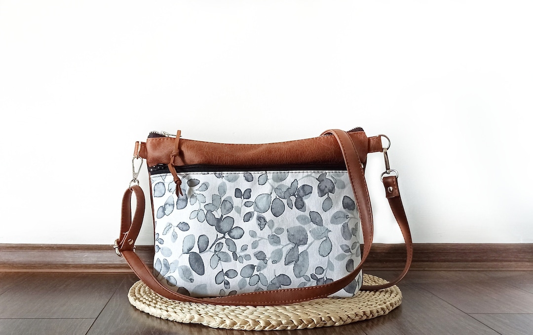Large Vegan Leather Crossbody Bag: Botanical Blue Leaf Print, Front ...