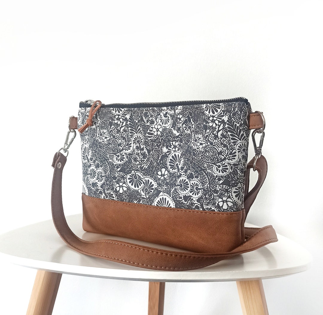 Gray Floral Print Crossbody Bag, Small Crossbody Purse, Vegan Leather ...