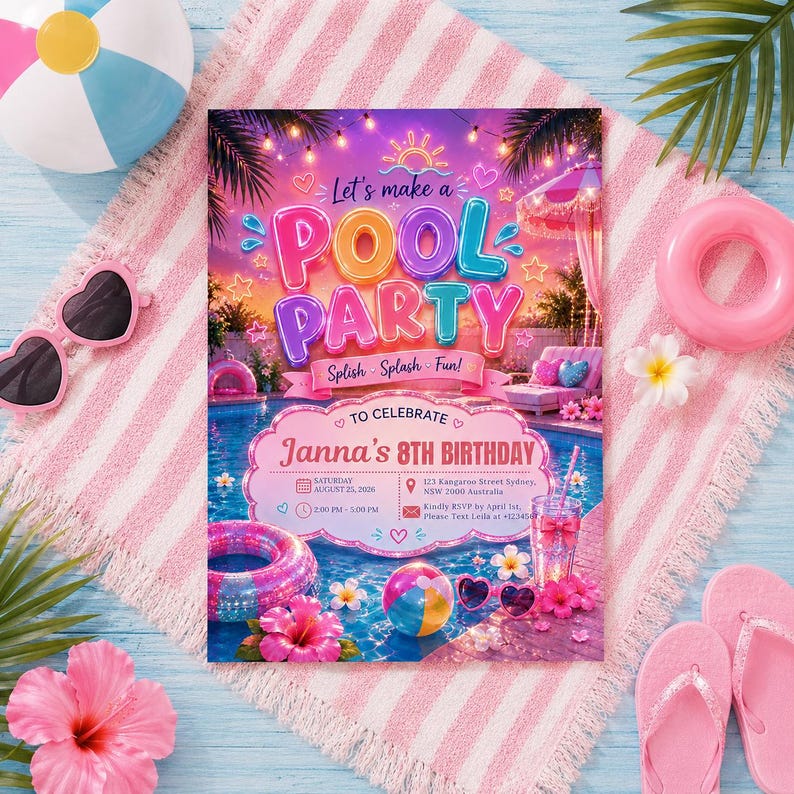 Girls Pool Party Invitation, Neon Pink Splash Birthday Party Invite for ...
