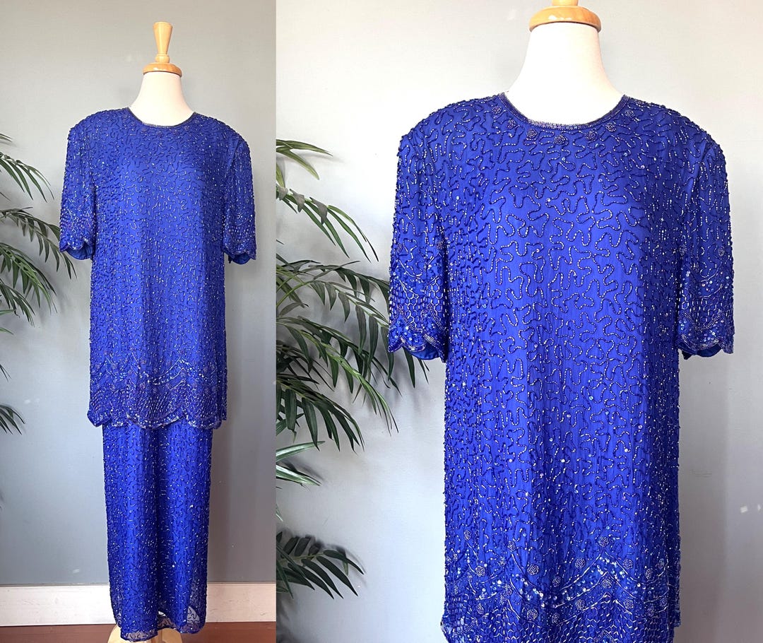 Royal Blue Beaded Dress / Vtg 80s / Brilliante Blue Beaded 2 Piece Look ...