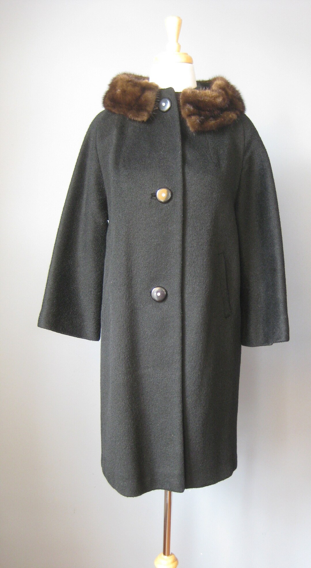Black Wool Coat With Mink Collar / Vtg 50s / Black Wool Coccoon Coat ...