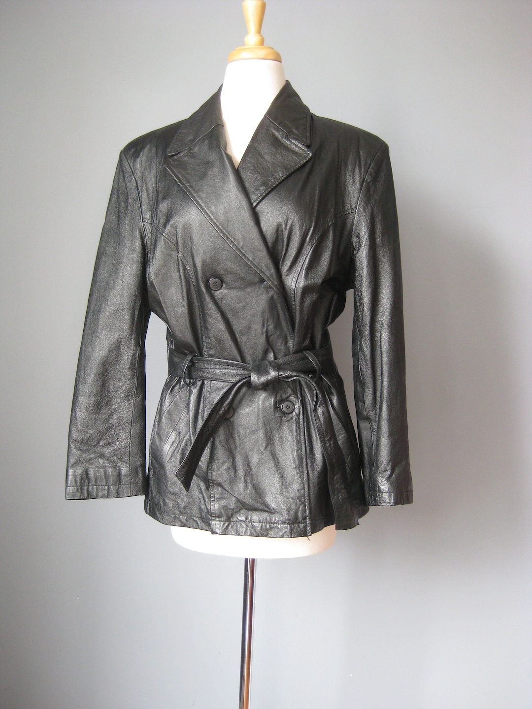 Short Leather Trench Coat / Vtg / Timothy Daniels Black Leather Trench ...