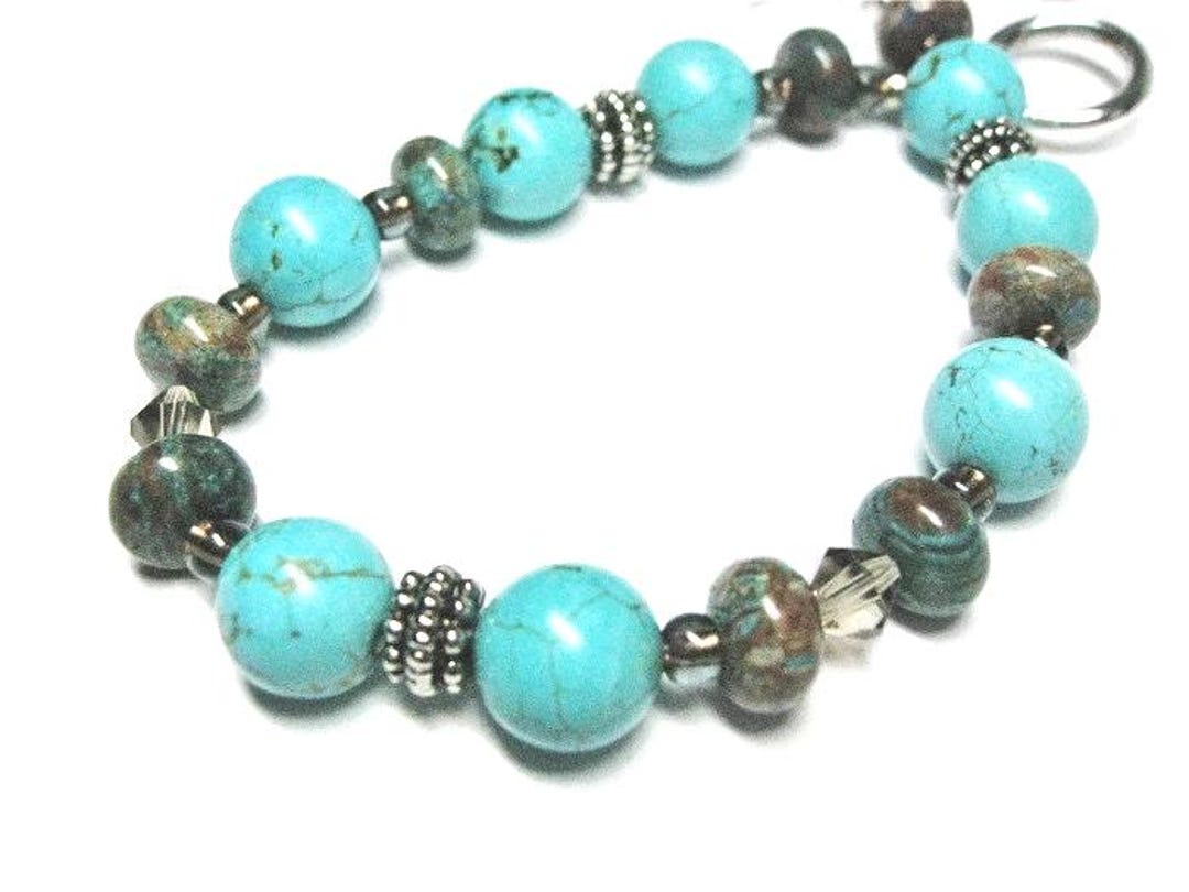 Turquoise Beaded Bracelet: Handmade Toggle Bracelet, Swarovski Crystal ...