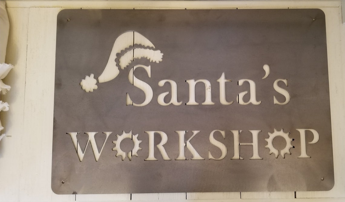 Metal santa's Workshop Sign With Santa Hat - Etsy