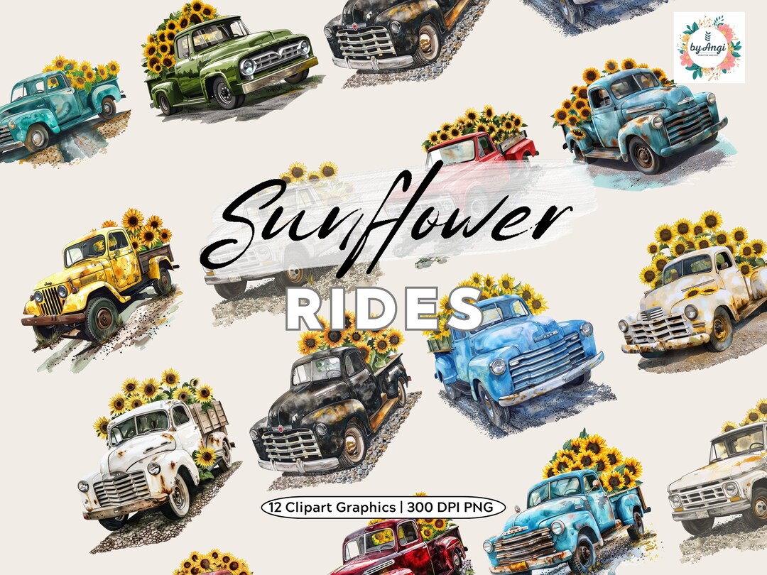Vintage Truck & Sunflower Clipart Bundle - Watercolor Trucks With ...
