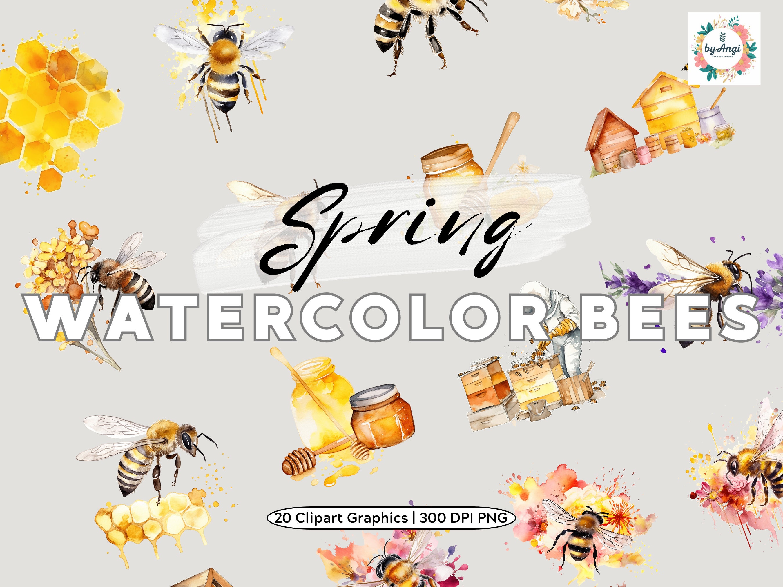 Watercolor Honey Bee Clipart - Spring Floral Bee Illustrations ...