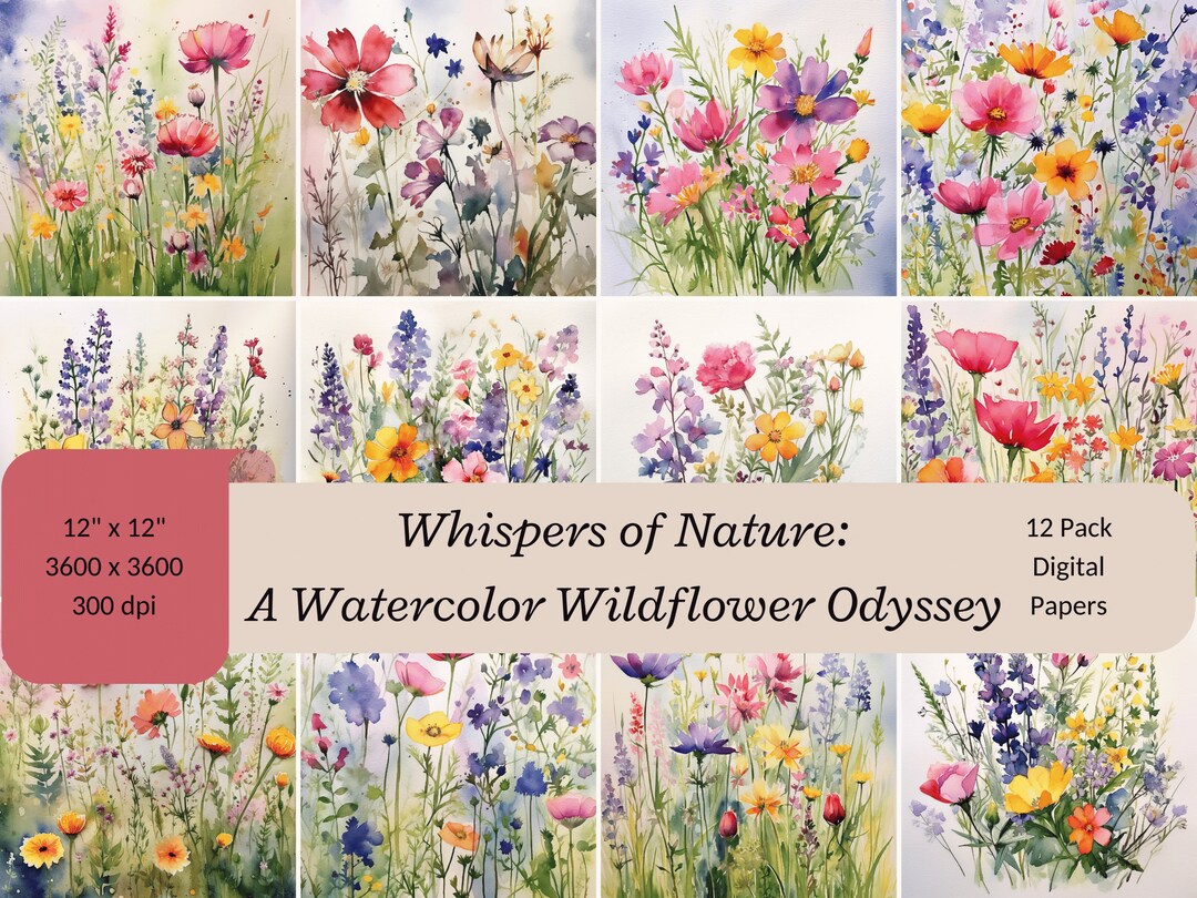 Spring Meadow Watercolor Wildflower Digital Paper - Scrapbooking & Junk ...