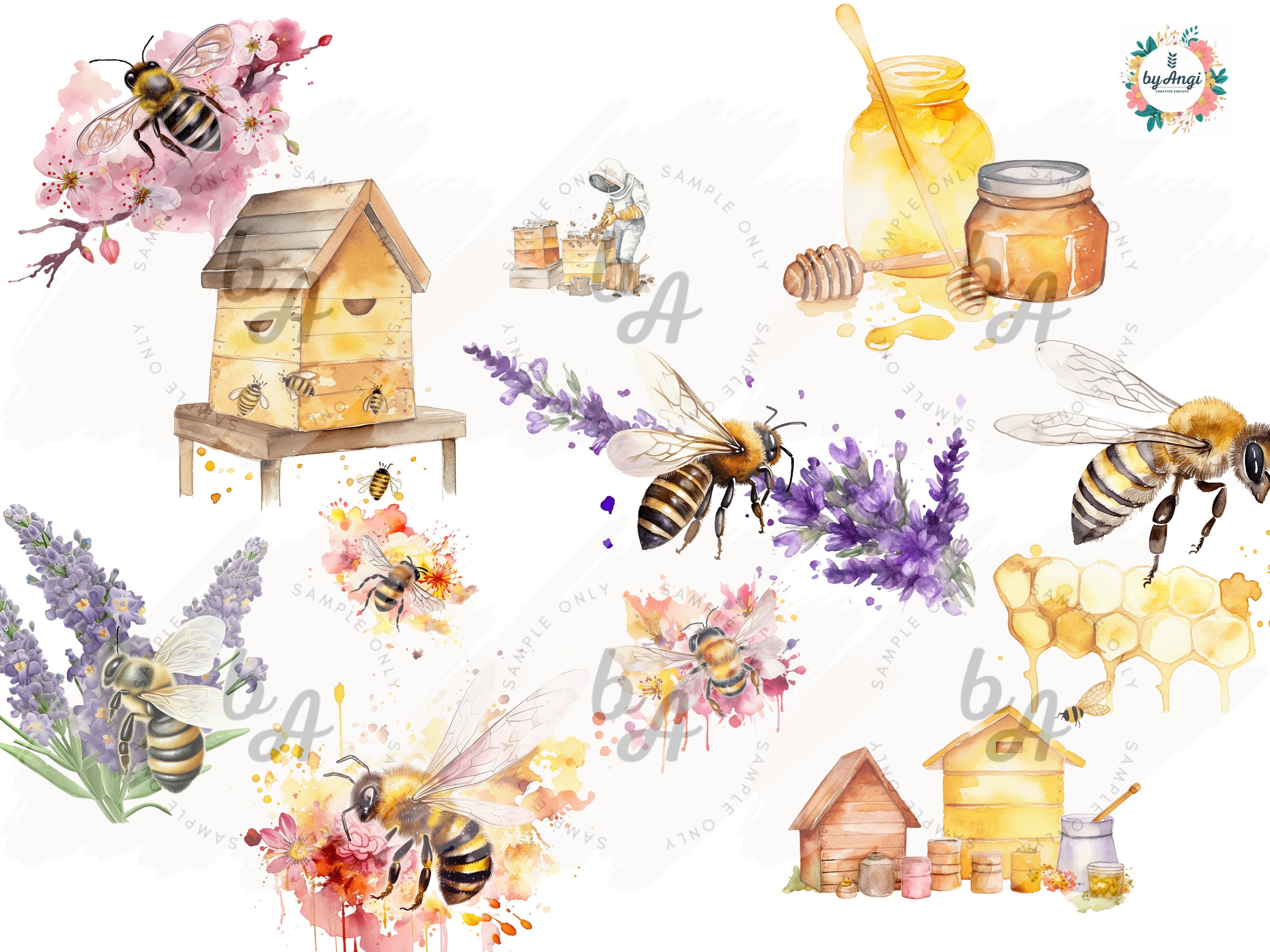 Watercolor Honey Bee Clipart - Spring Floral Bee Illustrations ...