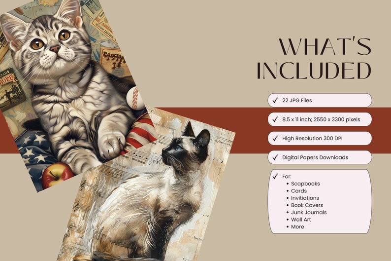 22 Cat Digital Papers Bundle - Printable Junk Journal Kit, High-resolution 300 DPI, Crafting ...