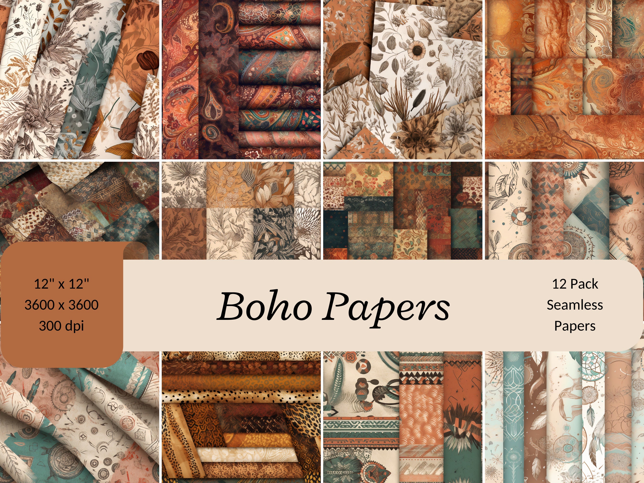 Boho Stacked Pattern Sheets Digital Paper, Earthy Tones, Natural ...